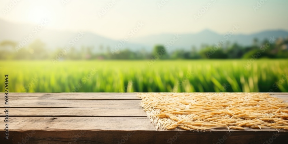 Blurry rice field background in daylight with wooden tabletop. Suitable ...