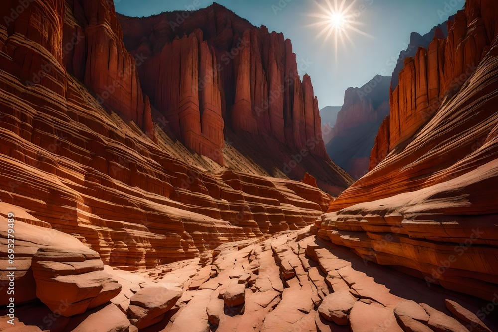 Rugged canyon with layers of colorful sedimentary rock, sculpted by the ...