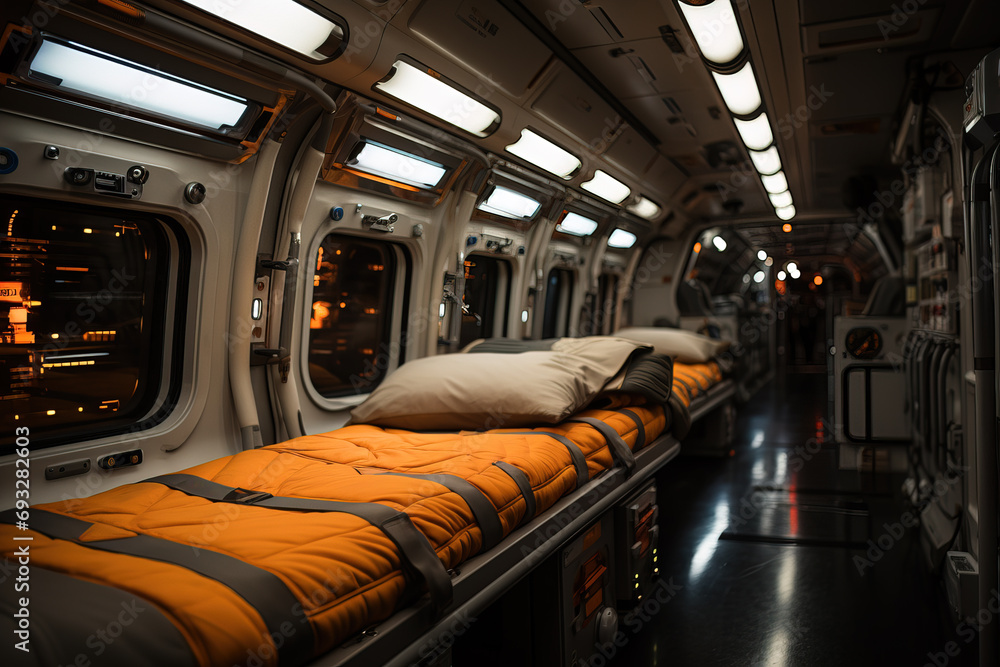 Futuristic spacecraft interior with orange sleeping pods lined along ...