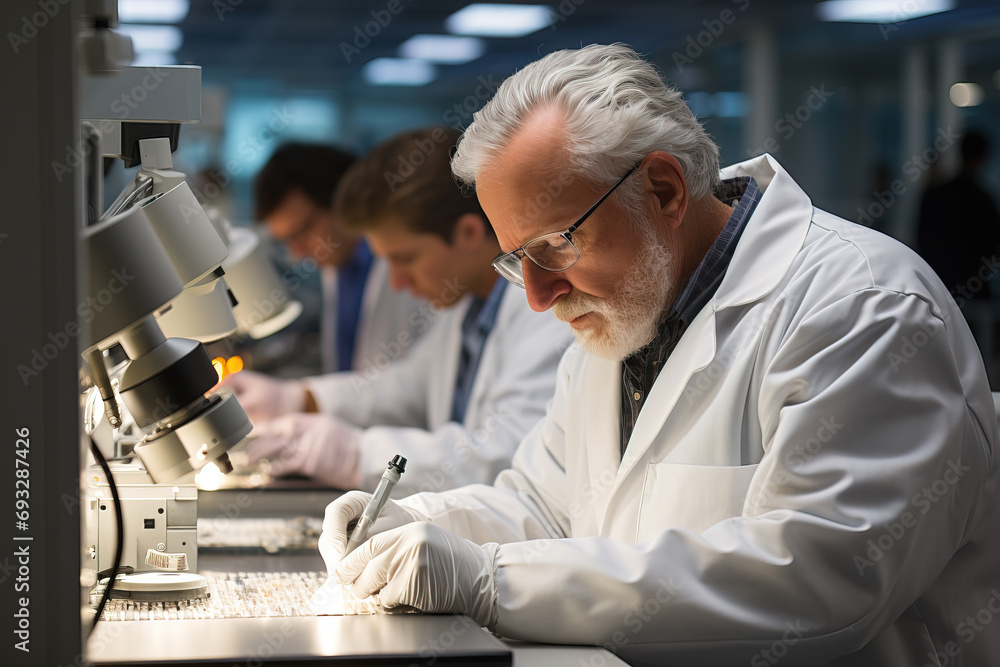 A focused senior scientist in a white lab coat examines a slide under a ...