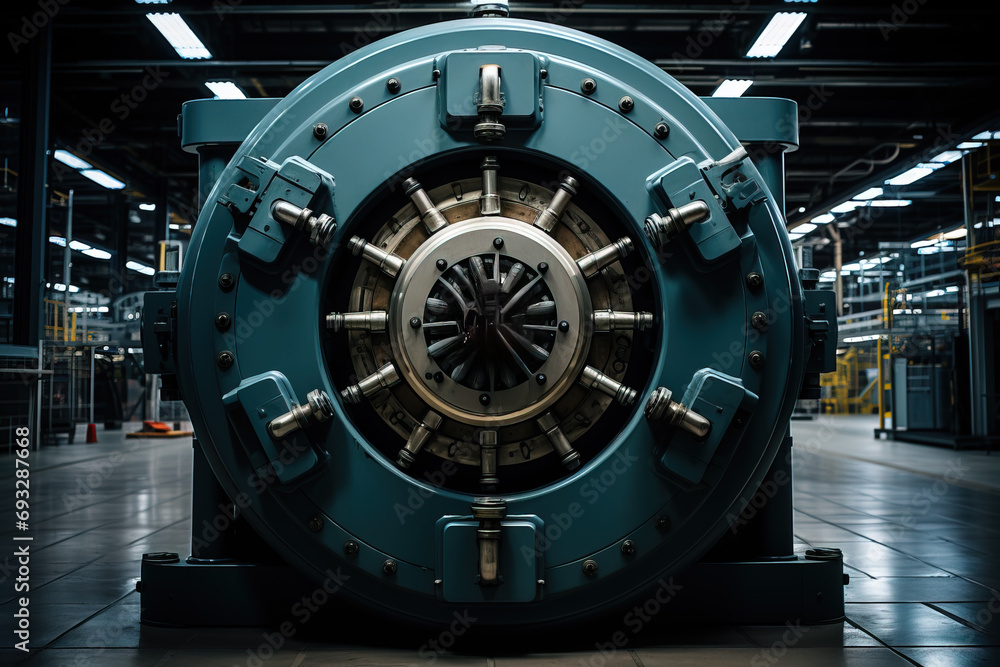 Frontal view of a large, heavy-duty steel vault door within an ...