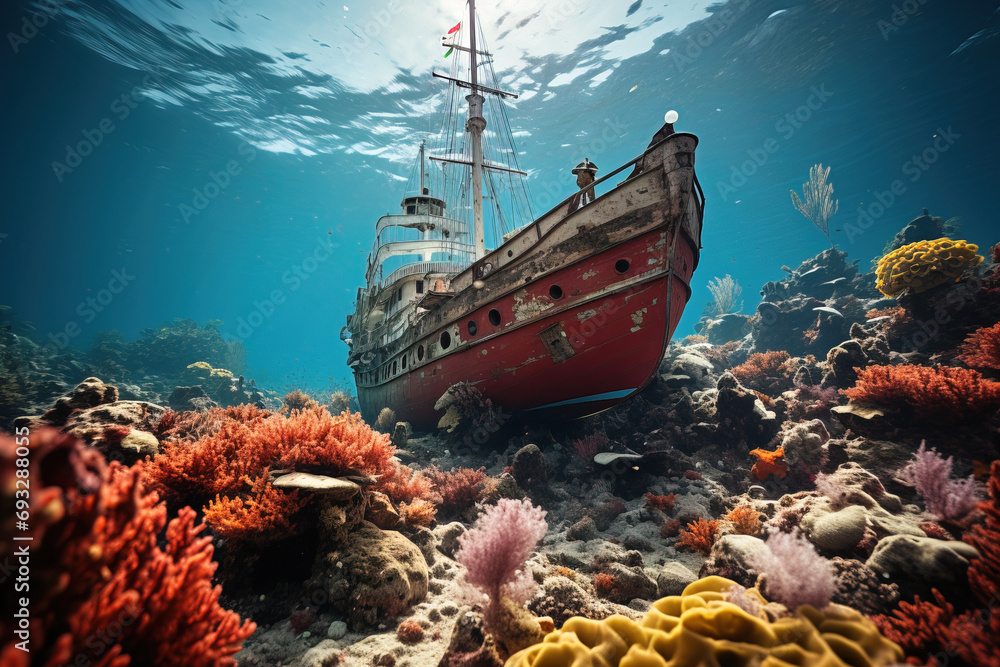 A sunken shipwreck surrounded by a vibrant coral reef teeming with ...