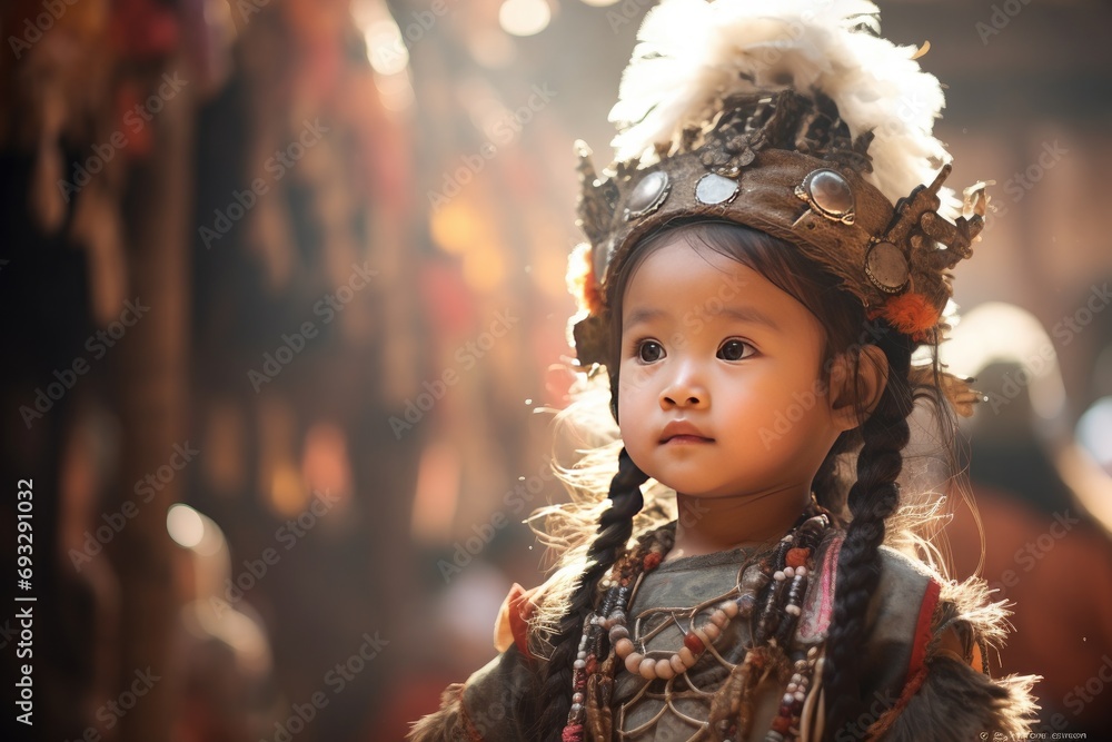 Young girl dressed in traditional attire at cultural festival. Heritage ...