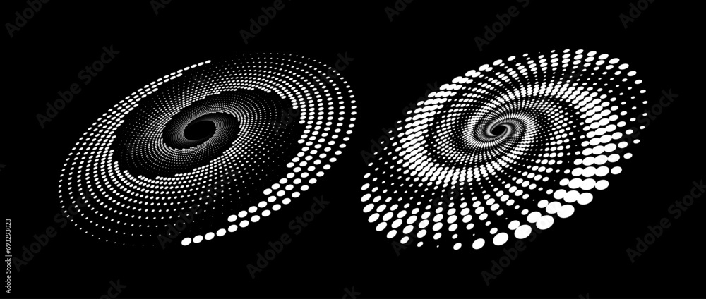 Halftone speed spiral set. White dynamic dotted lines in perspective ...