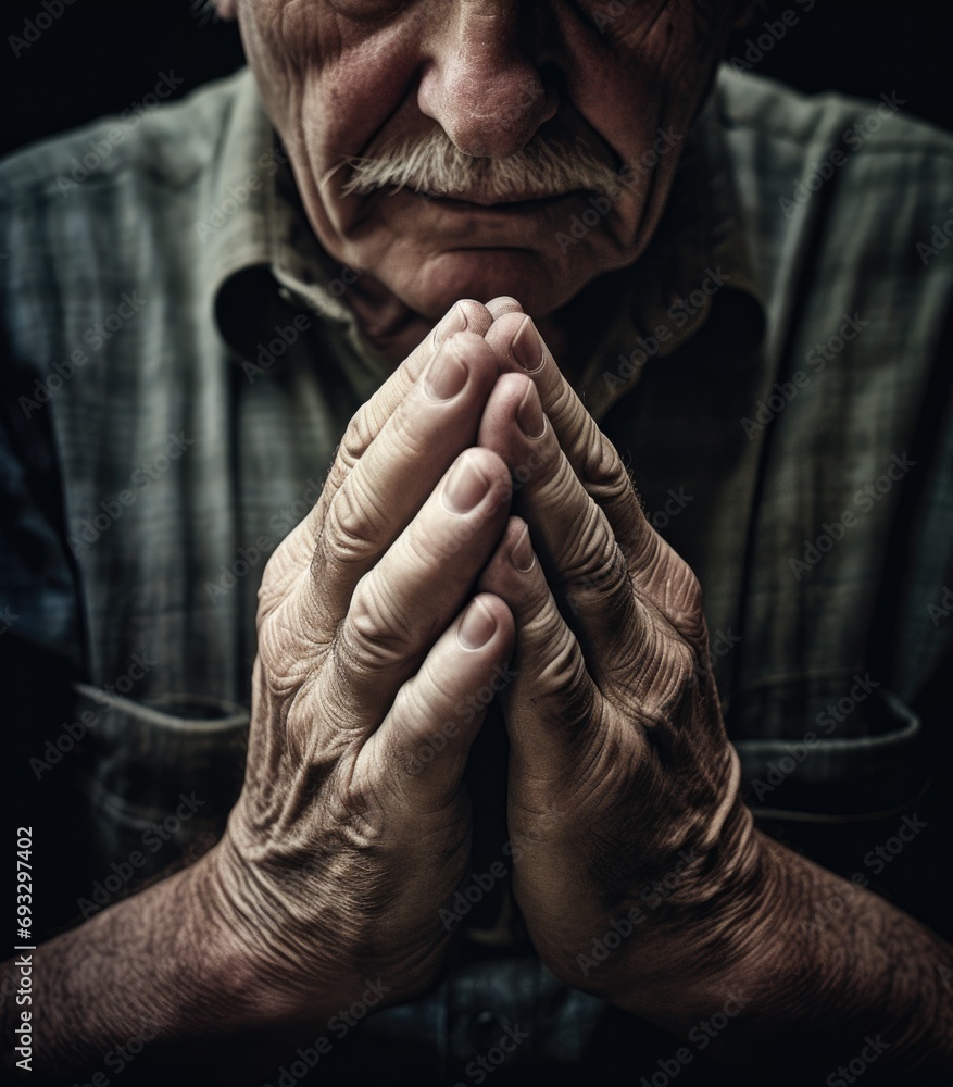 An old man praying with his hands folded. Generative AI. Stock Photo ...