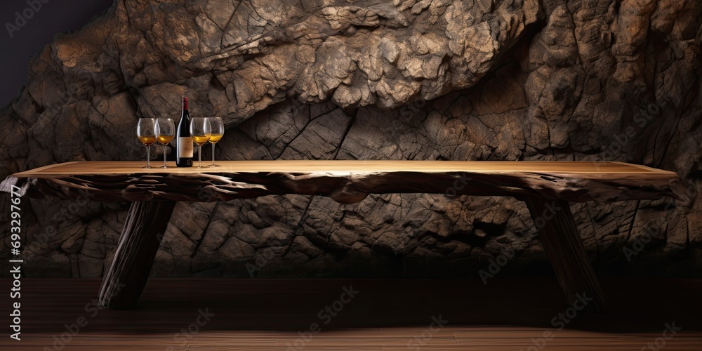 Wooden table with cave rock texture, display stand for products ...