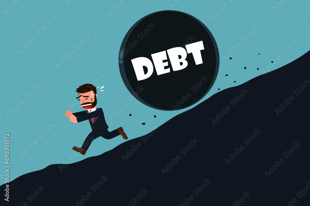 Businessman running away from debt that is rolling down to him. Being ...