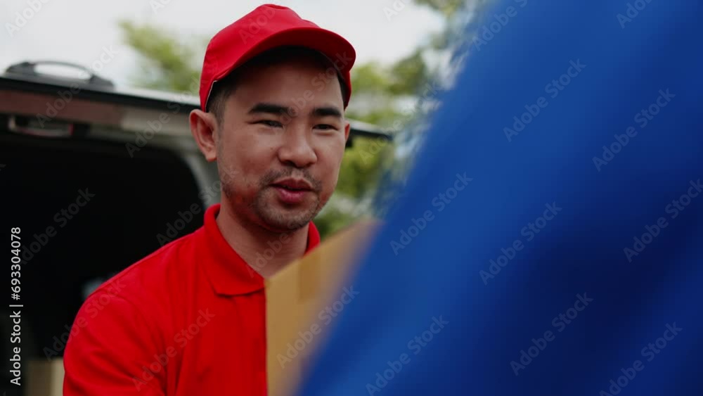 Delivery man, driver in red orange uniform is sending parcel box ...
