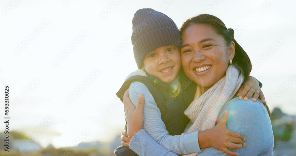Vidéo Stock Sunshine, mother and son hug in portrait, love and care at ...
