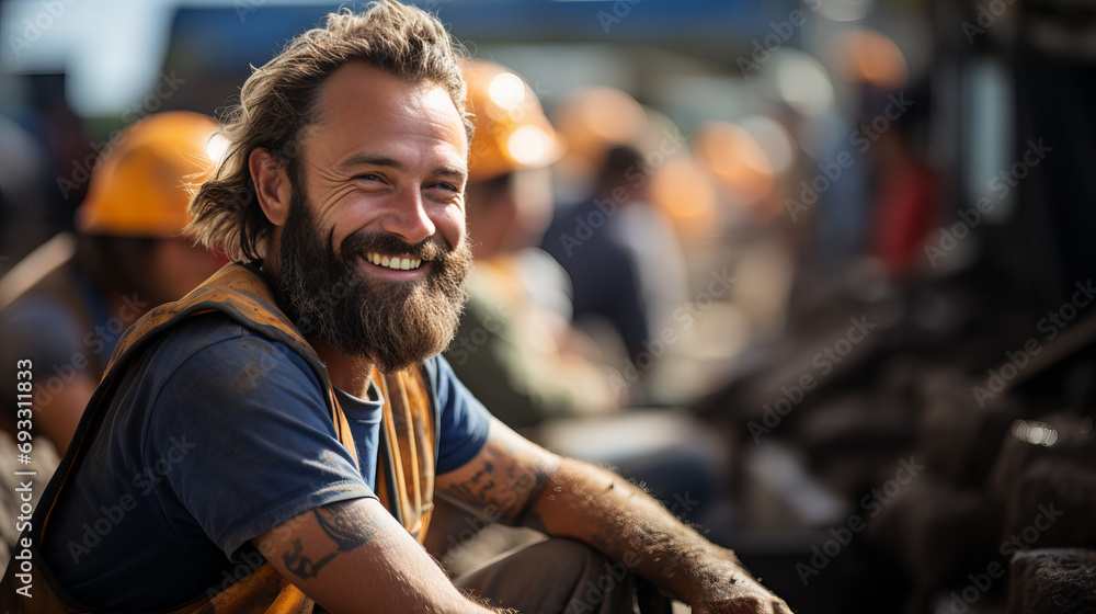 A stylish man with a beaming smile and a rugged beard stands ...