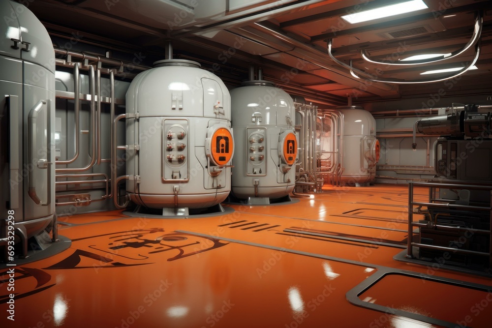 A meticulously designed nuclear fuel assembly area with pipes and ...