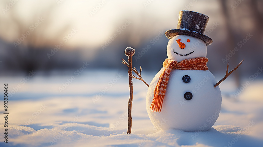 Snowman with a carrot nose, hat, scarf, coal buttons and stick arms ...