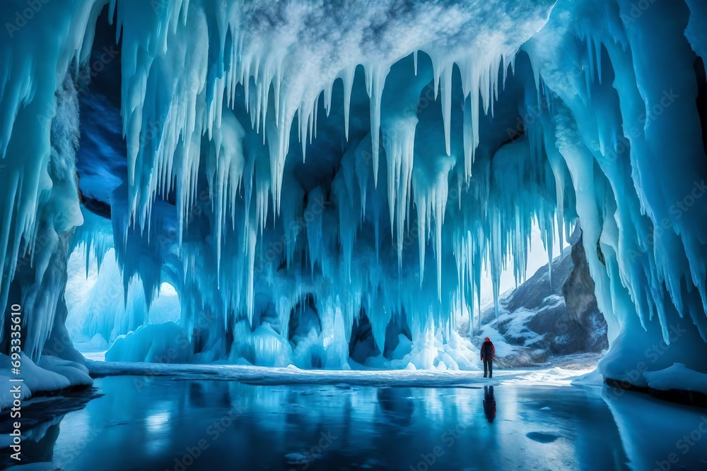 Ethereal ice cave with walls glistening in shades of blue, where frozen ...