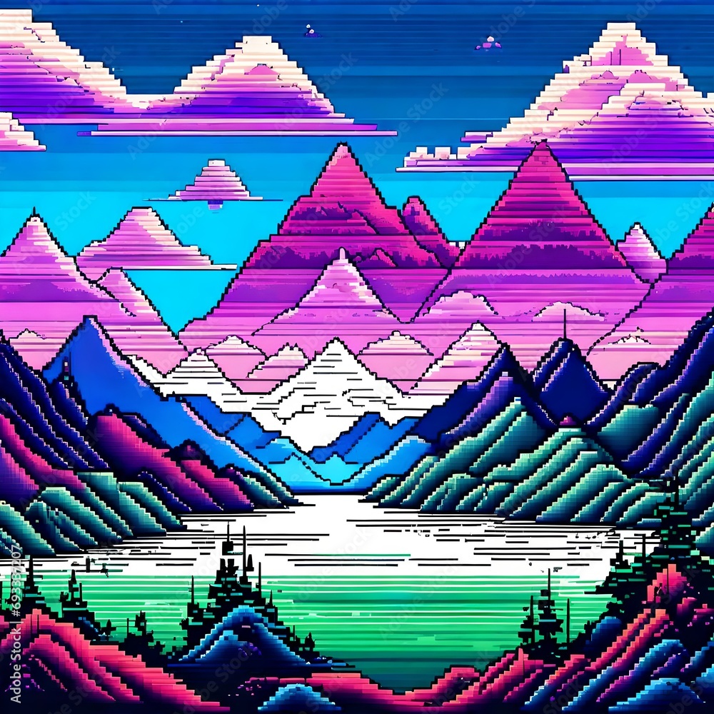 6 bit 8 bit 10 bit 12 bit bitmap pixel art of a mountain landscape with ...