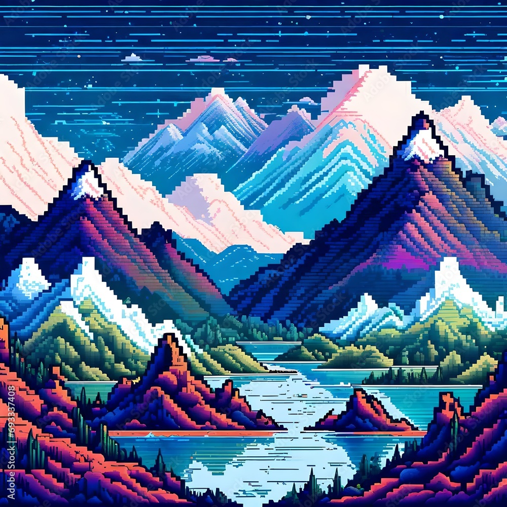 6 bit 8 bit 10 bit 12 bit bitmap pixel art of a mountain landscape with ...