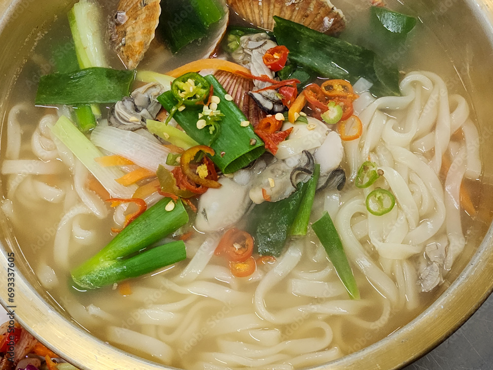 Korean food. Seafood kalguksu. Korean traditional noodle soup Stock ...