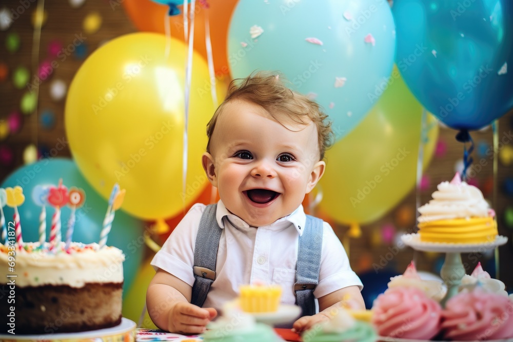 Joyful baby boy celebrating first birthday with colorful balloons and ...