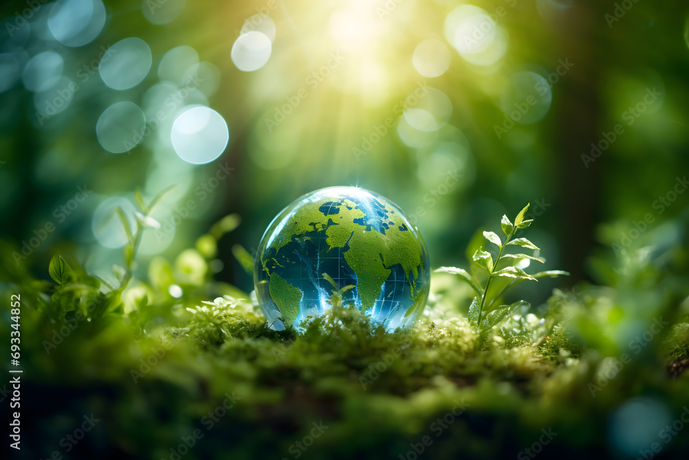 green leaf background, green planet earth, renewable energy light bulb ...