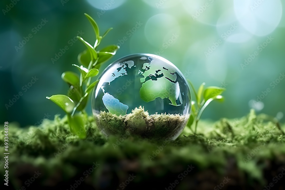 green leaf background, green planet earth, renewable energy light bulb ...