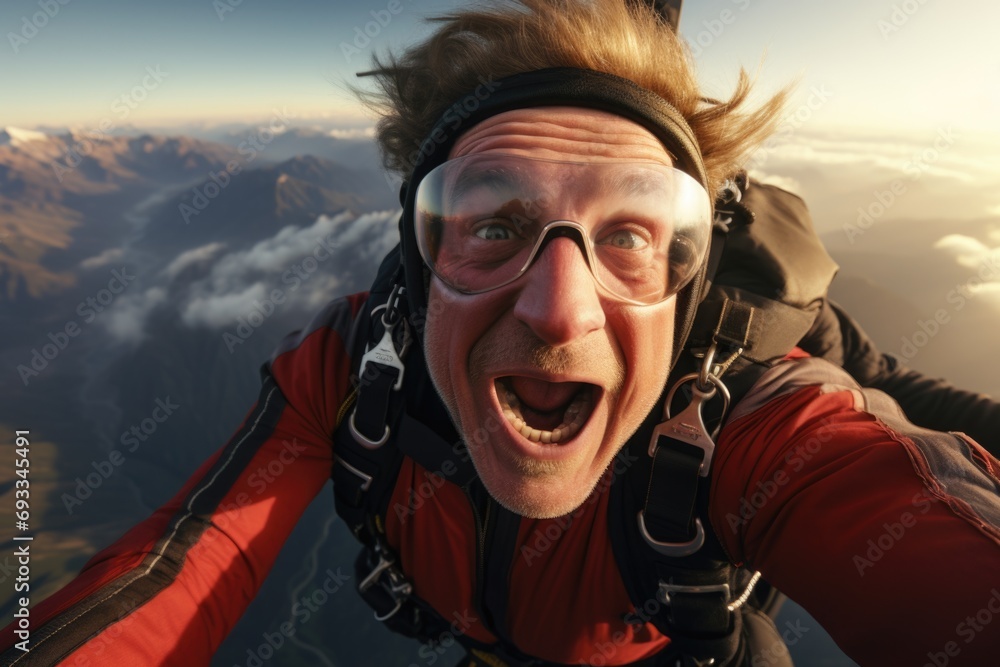 A man wearing a red shirt is soaring through the sky with a parachute ...