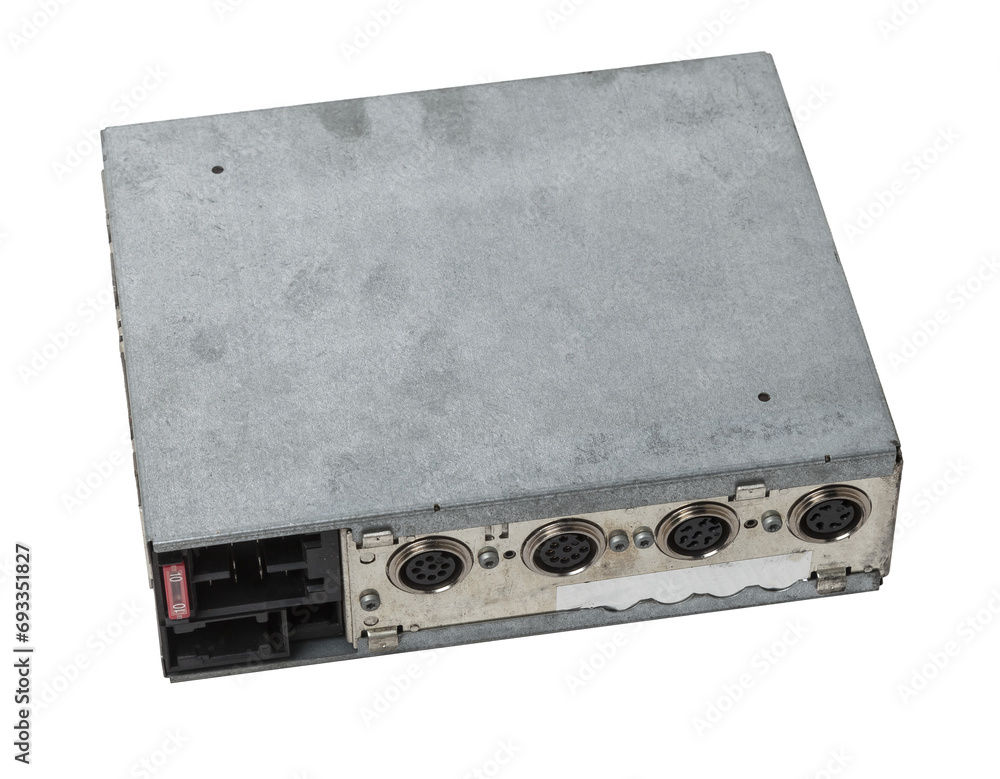 car engine control unit with metal elements on a white isolated ...