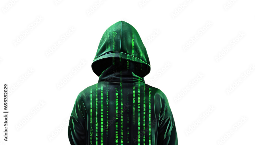 hacker in hoodie and mask that hides his face works at laptop. PNG ...