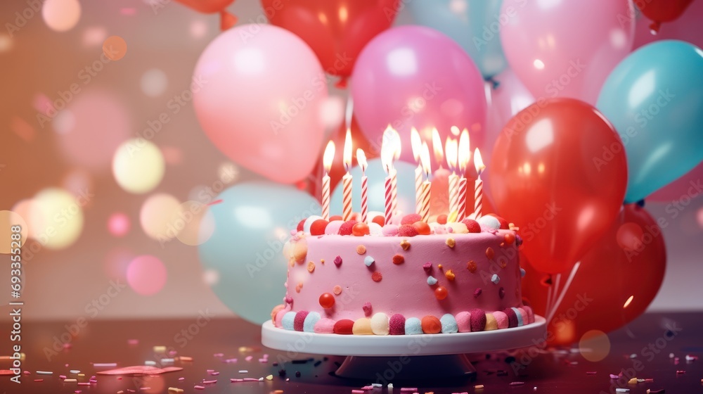 happy birthday background Animated cake on a background of balloons ...