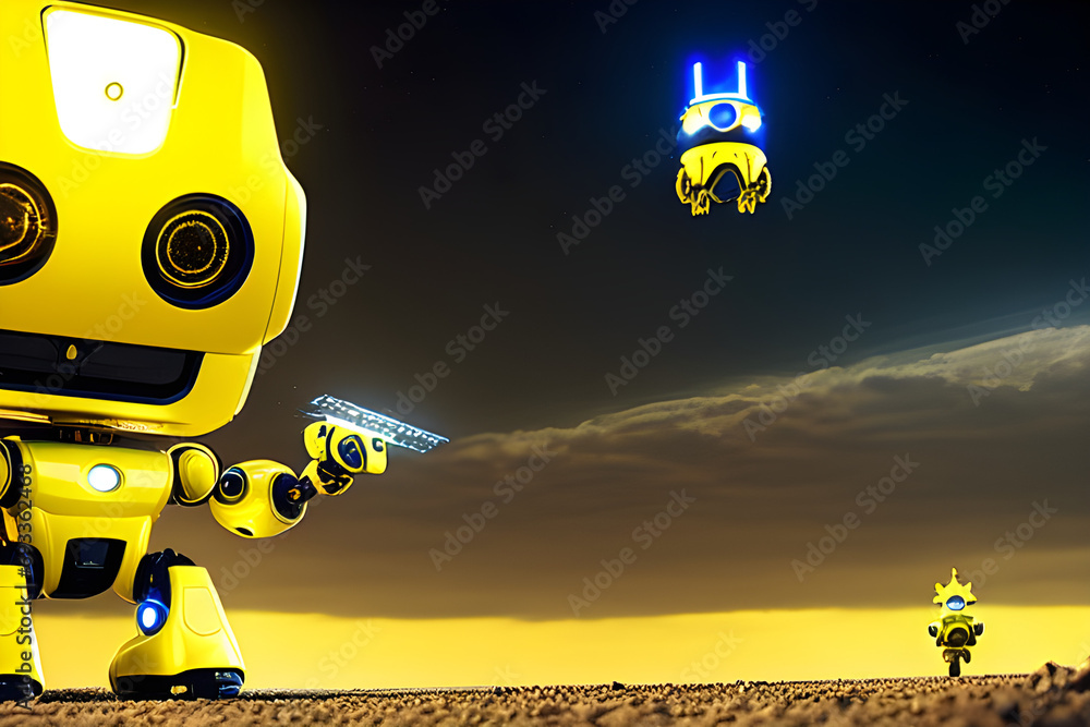 Yellow cute robot raising hand to greet human on transparent background ...