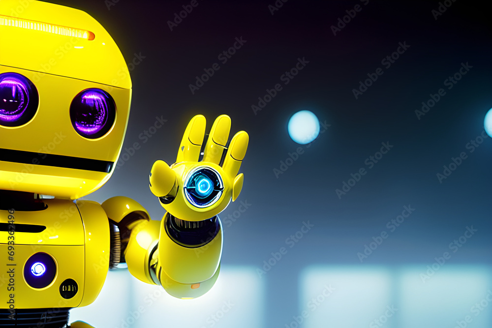 Yellow cute robot raising hand to greet human on transparent background ...