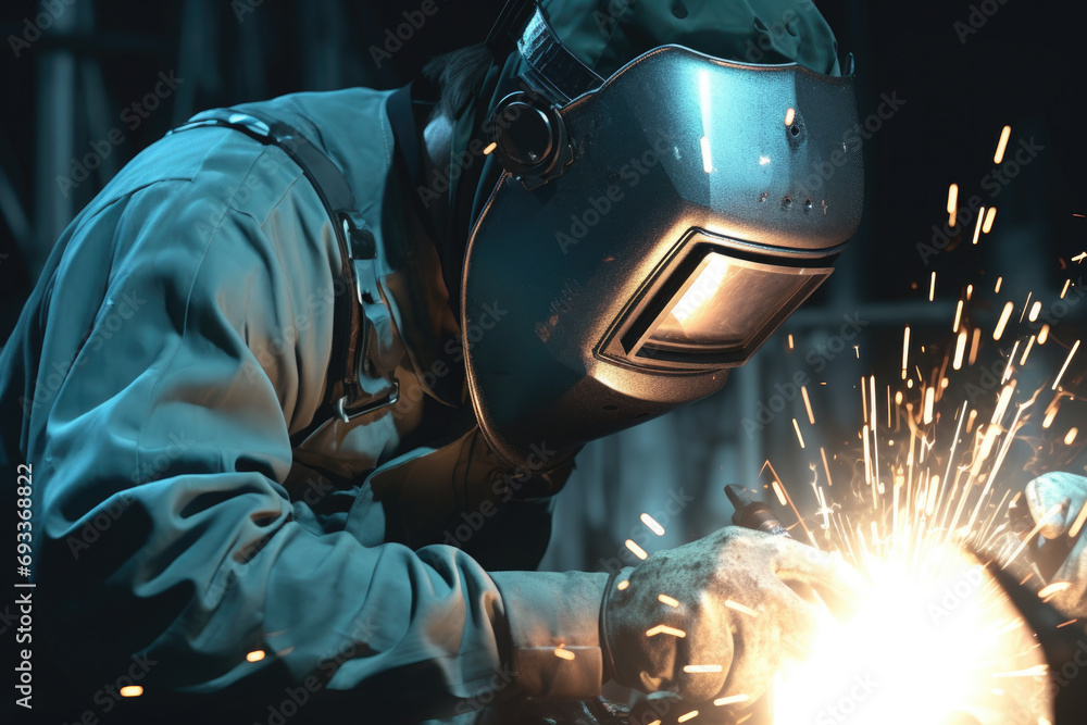 Skilled welder is diligently working on piece of metal. This image can ...