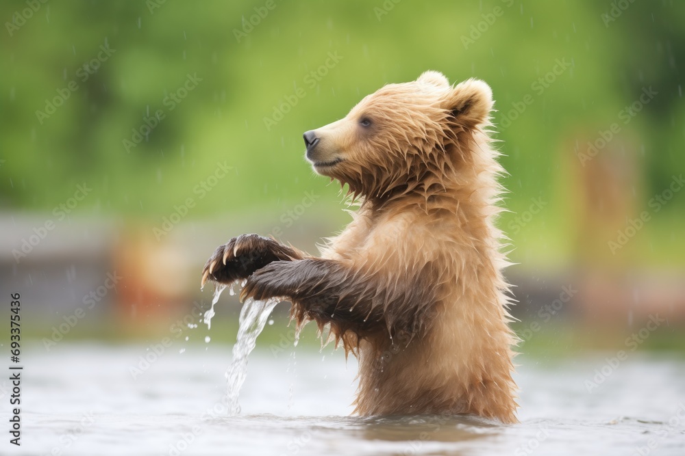 juvenile bear playfully slapping water, learning to fish Stock Photo ...