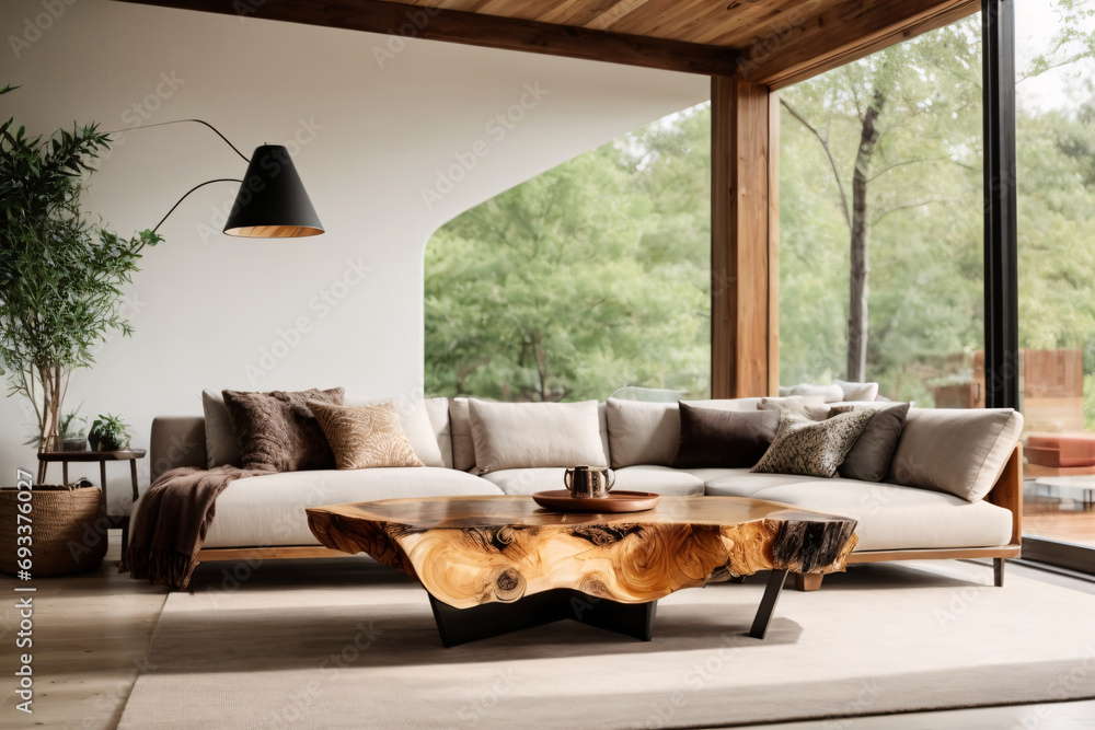 A rustic live edge tree stump accent coffee table is placed near a ...