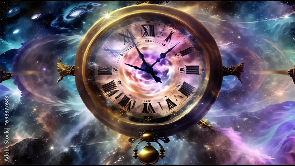 a classic clock superimposed on a cosmic background. The artwork ...