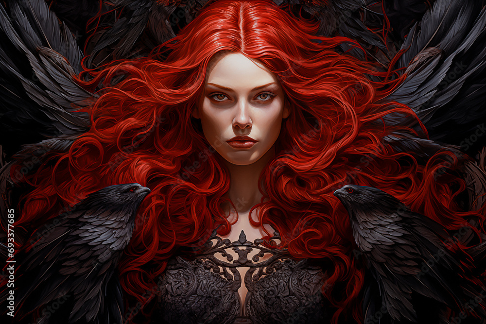 Woman With Red Hair Among Raven Birds, Beautiful Ginger Hair Witch ...