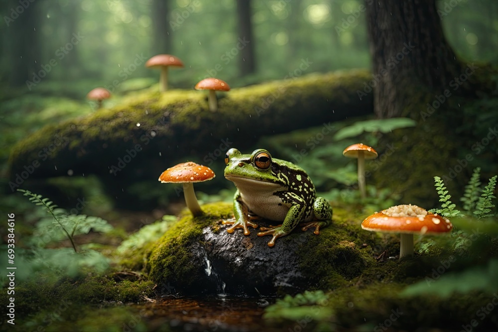 Fantastic beautiful magical fairy-tale meadow with mushrooms and a frog ...
