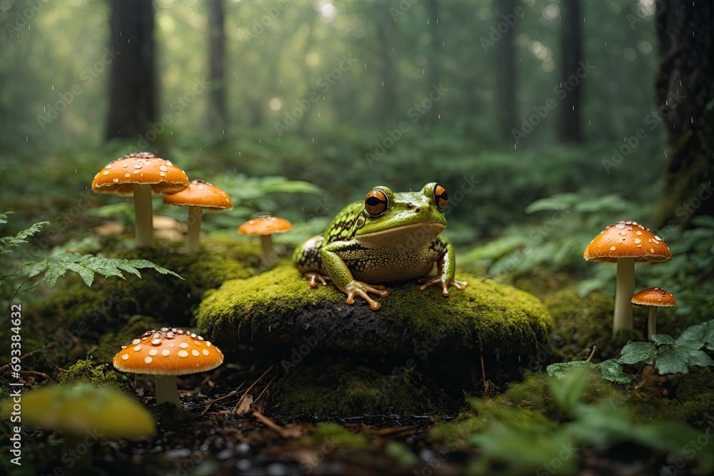 Fantastic beautiful magical fairy-tale meadow with mushrooms and a frog ...