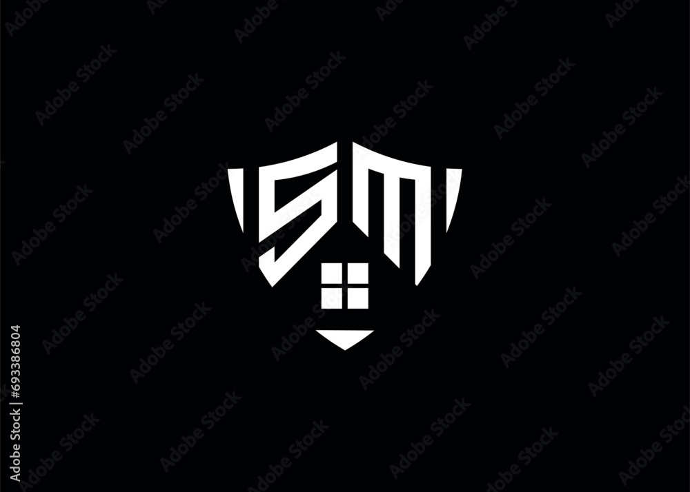 Real estate letter SM shield shape logo and house building vector ...