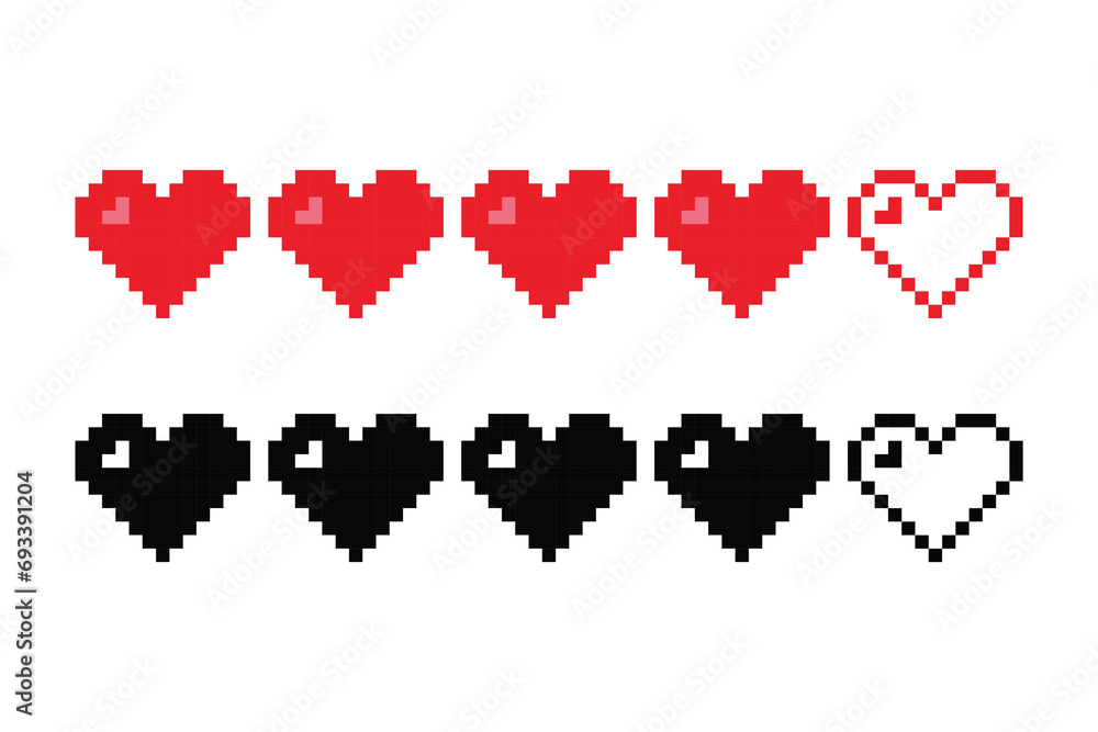 Love pixel heart rating. Red and black 8 bit hearts icon. Basic design ...