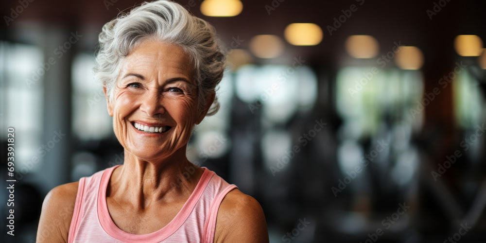Radiant Senior Woman with White Hair Smiling in Gym, Representing ...