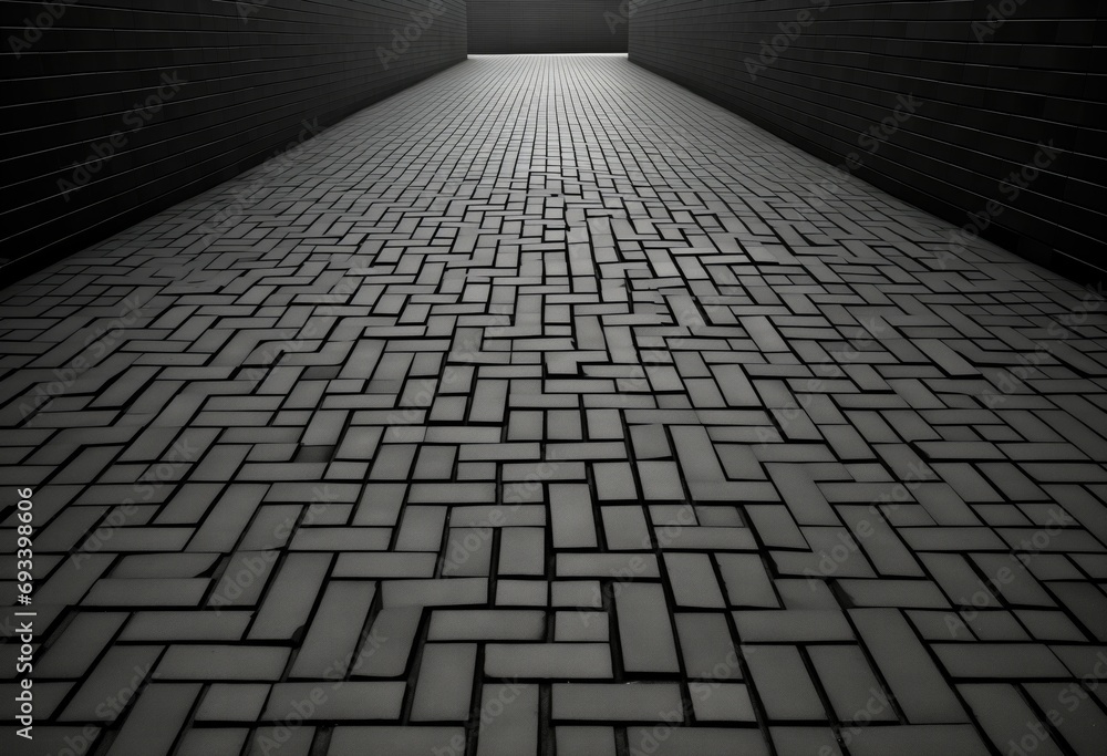 A monochrome, hyper-realistic stock image of a grey brick walkway in an ...