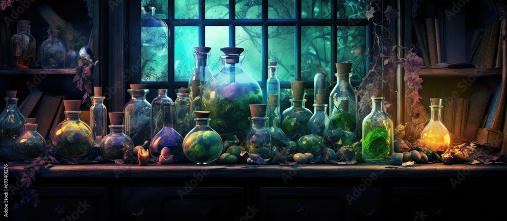 Fantasy-themed image depicting vintage bottles, key, magical objects ...