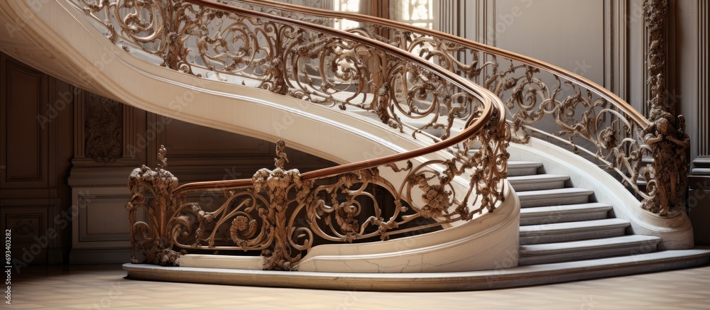 Marble stairs with ornate wooden railings, in a 1900s French ...