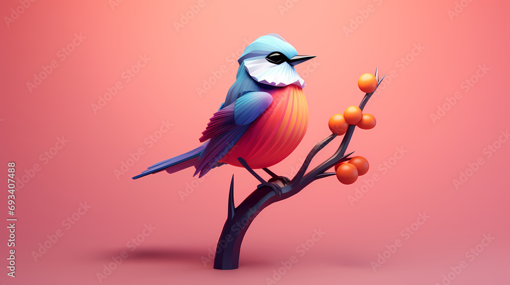Stylized 3D birds perched on branches, showcasing vibrant colors and a ...