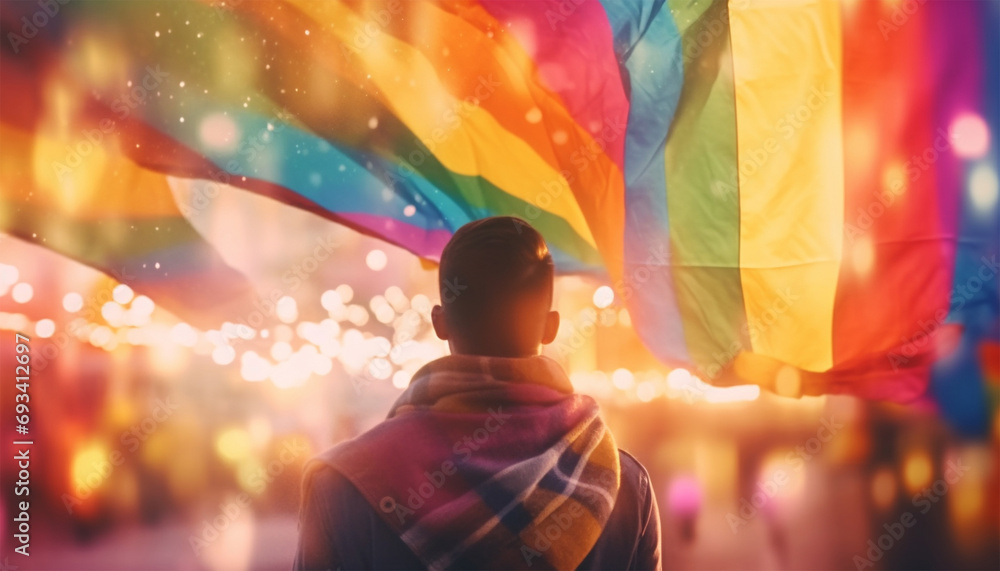 LGBTQ person holding rainbow flag back view in sunlight. copy space ...