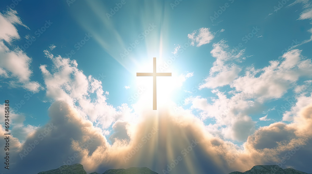 Religious background with cross of God with light rays coming from the ...