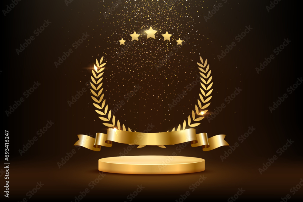 Gold award round podium with laurel wreath, ribbon, star, shiny glitter ...