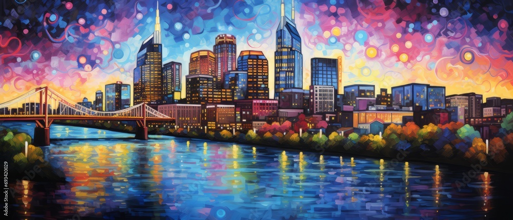 nashville skyline illuminated at dusk with vibrant city lights and ...