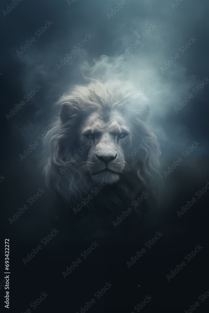 Fantasy white lion - lion deity - lion god - dark background - misty ...