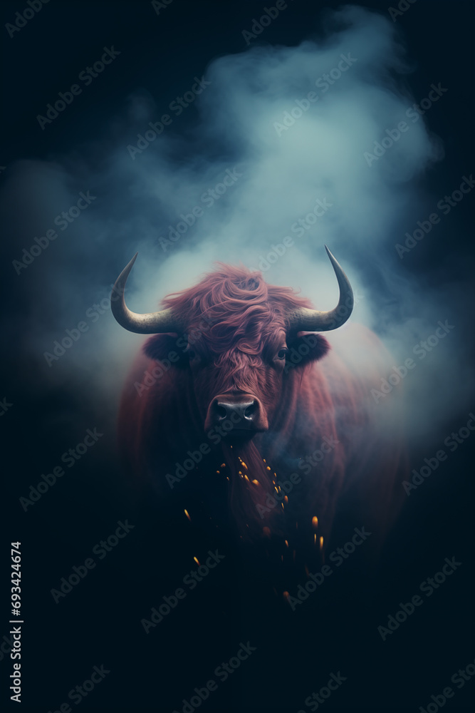 Fantasy big horned bison - bison deity - bison god - dark background ...