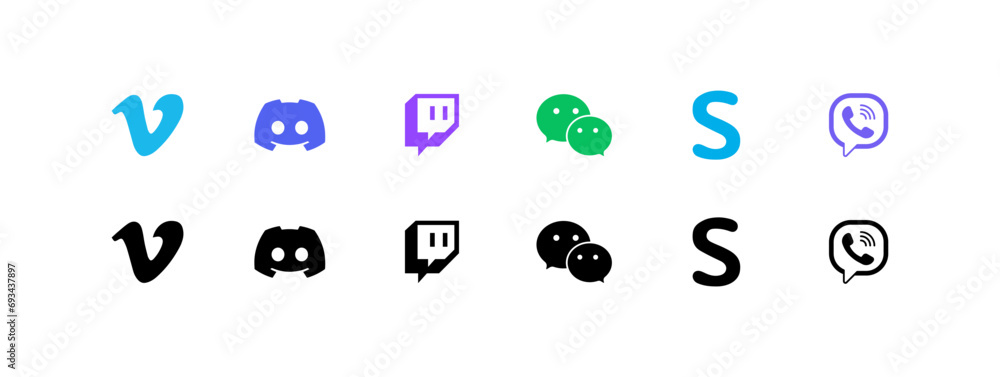 Social media logos icons. Vimeo, Discord, Twitch, WeChat, Skype, Viber ...